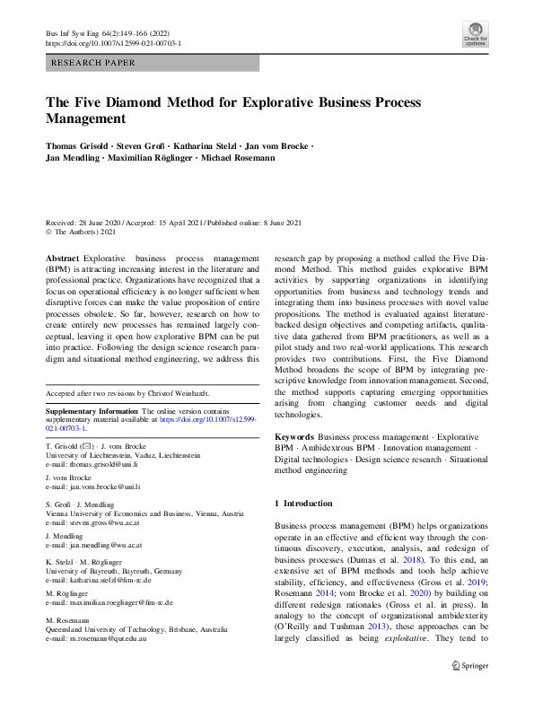 (PDF) The Five Diamond Method for Explorative Business Process Management