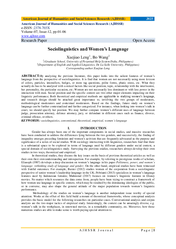 (PDF) Sociolinguistics and Women's Language