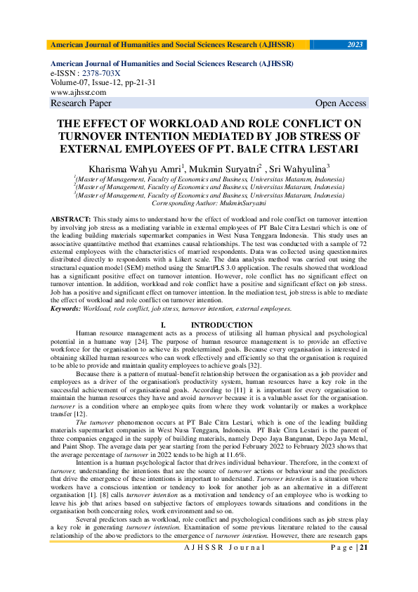 (PDF) THE EFFECT OF WORKLOAD AND ROLE CONFLICT ON TURNOVER INTENTION MEDIATED BY JOB STRESS OF ...