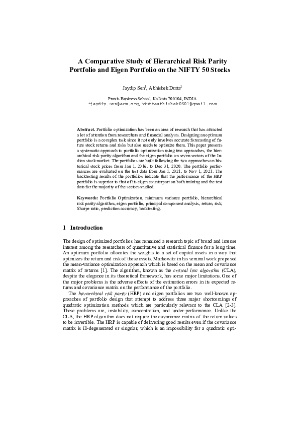 (PDF) A Comparative Study of Hierarchical Risk Parity Portfolio and Eigen Portfolio on the NIFTY ...