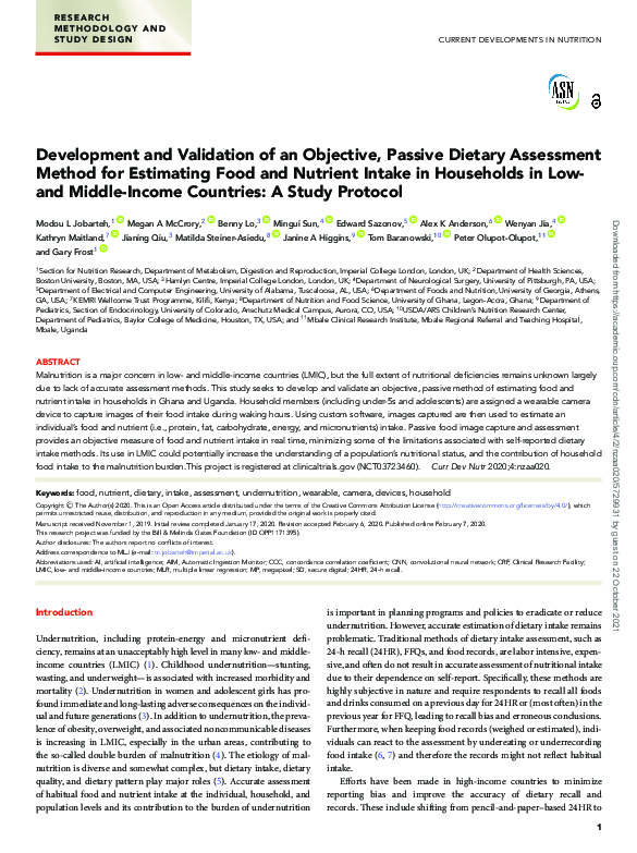 Pdf Development And Validation Of An Objective Passive Dietary Assessment Method For