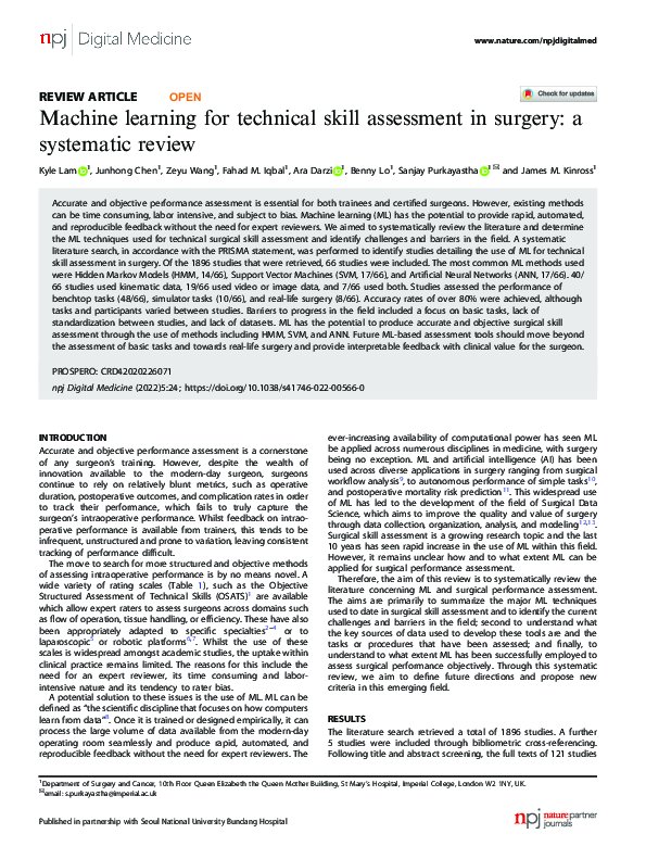 (PDF) Machine learning for technical skill assessment in surgery: a ...