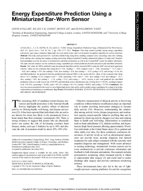 Pdf Energy Expenditure Prediction Using A Miniaturized Ear Worn Sensor
