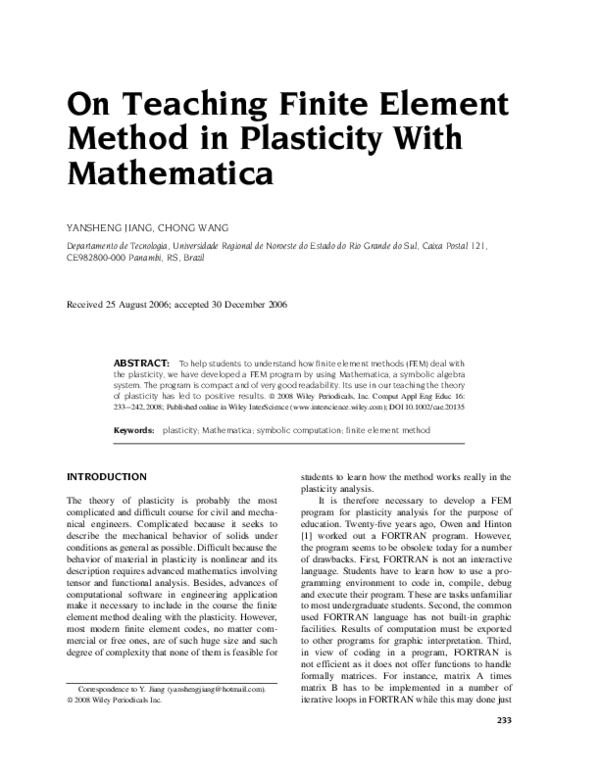 (PDF) On teaching finite element method in plasticity with Mathematica