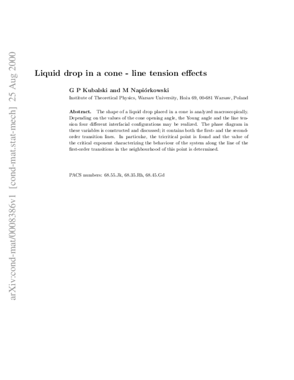(PDF) A liquid drop in a cone - line tension effects | Grzegorz ...