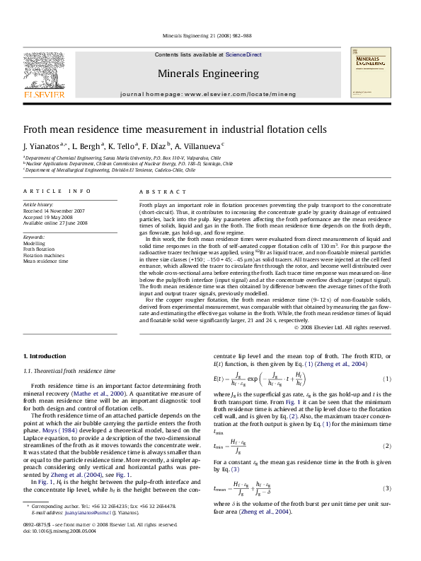 (PDF) Froth mean residence time measurement in industrial flotation cells