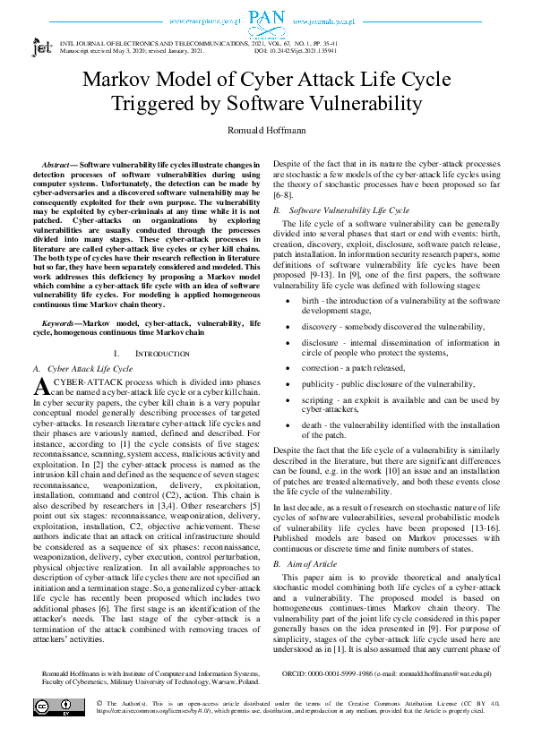 Pdf Markov Model Of Cyber Attack Life Cycle Triggered By Software Vulnerability 