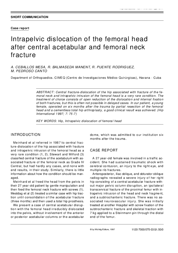 (PDF) Intrapelvic Dislocation of the Femoral Head after Central ...
