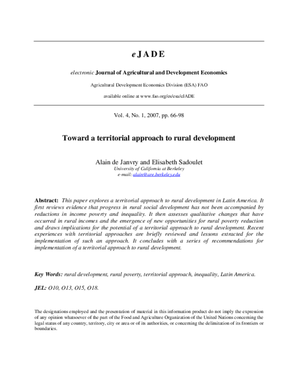 (PDF) Toward a territorial approach to rural development | Alain DE ...