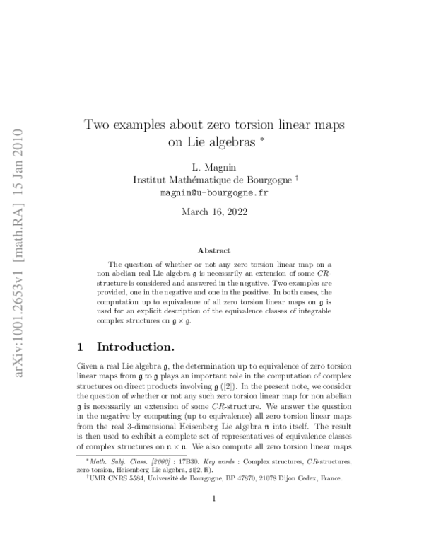 (PDF) Two examples about zero torsion linear maps on Lie algebras