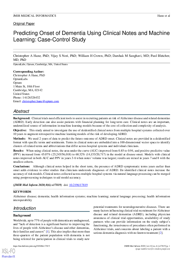 (PDF) Predicting Onset of Dementia Using Clinical Notes and Machine ...