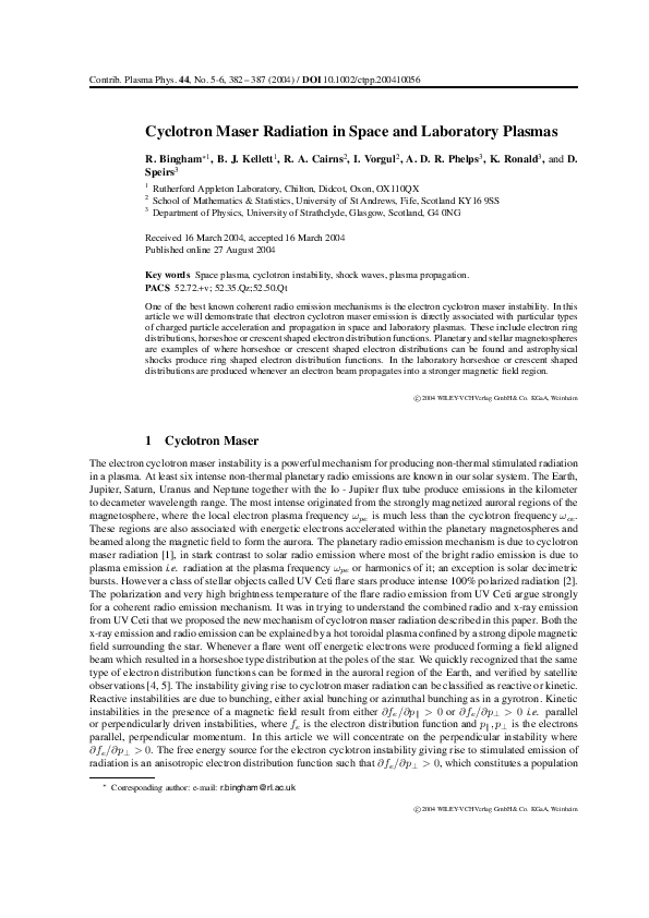 (PDF) Cyclotron Maser Radiation in Space and Laboratory Plasmas