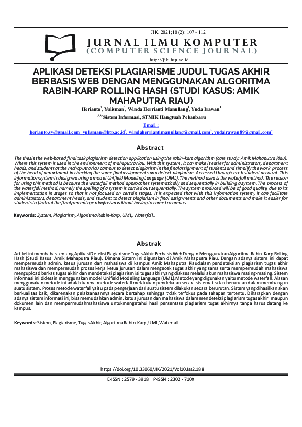 (PDF) Aplikasi Deteksi Plagiarisme Tugas Akhir Berbasis Web Dengan Menggunakan Algoritma Rabin ...