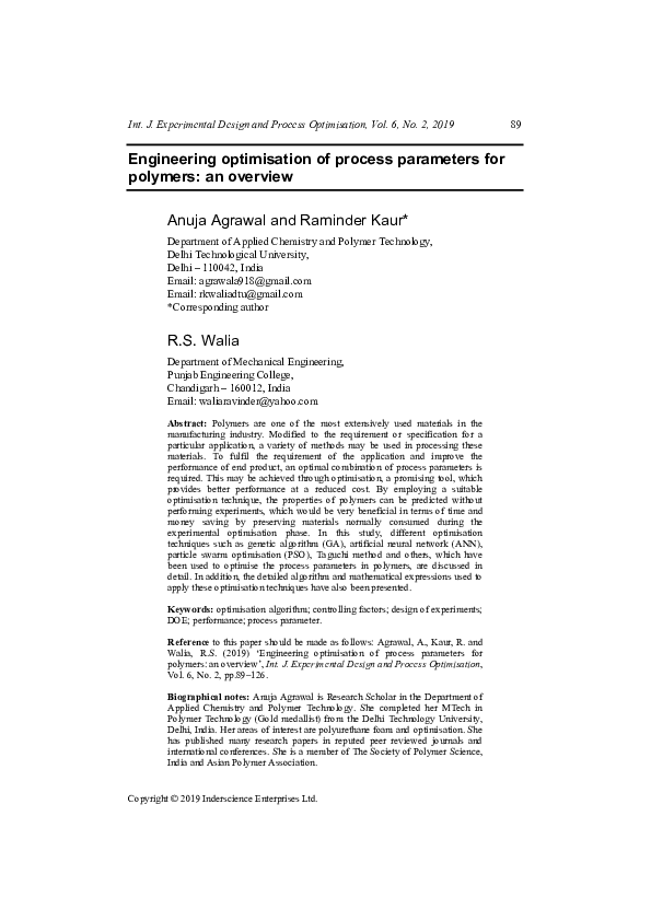 (PDF) Engineering optimisation of process parameters for polymers: an ...