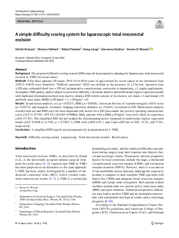 (PDF) A simple difficulty scoring system for laparoscopic total mesorectal excision
