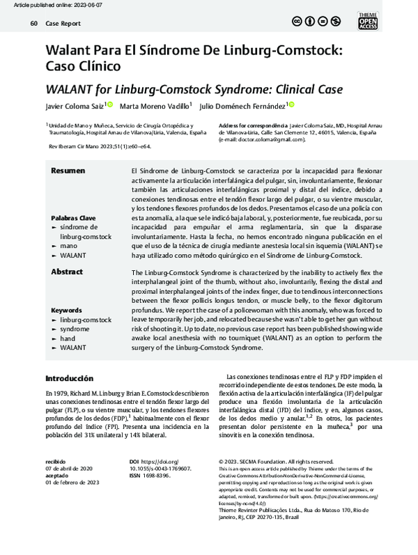 (PDF) Walant Para El Síndrome De Linburg-Comstock: Caso Clínico