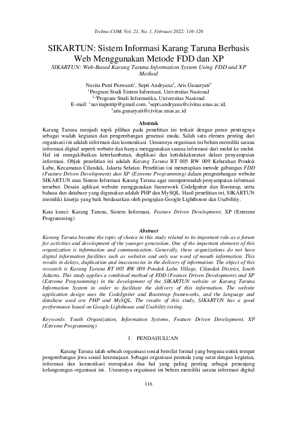 (PDF) SIKARTUN: Sistem Informasi Karang Taruna Berbasis Web Menggunakan Metode FDD dan XP