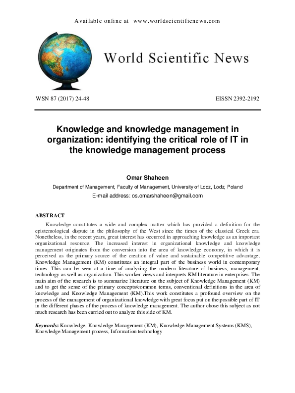 (PDF) Knowledge and knowledge management in organization: identifying the critical role of IT in ...