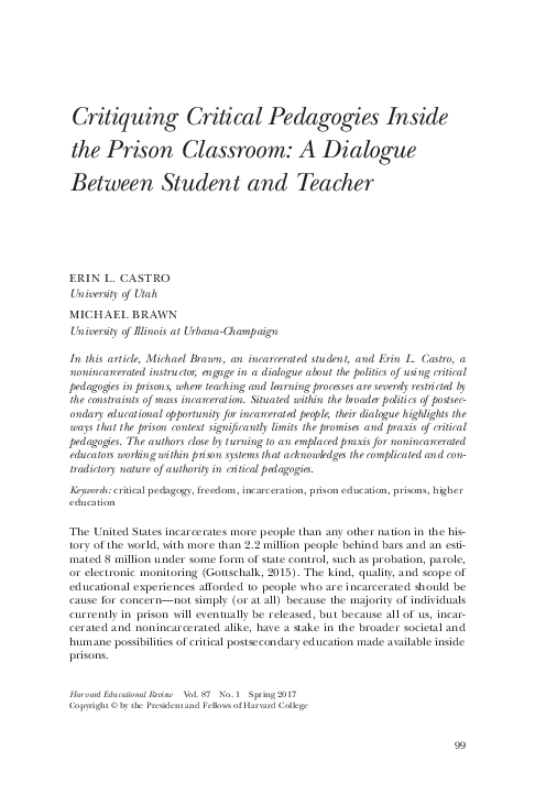 (PDF) Critiquing Critical Pedagogies Inside the Prison Classroom: A ...