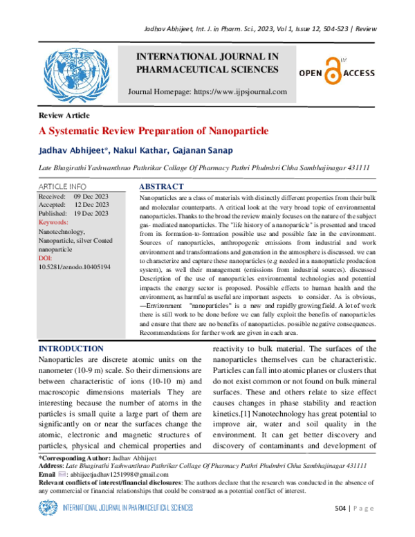 (PDF) A Systematic Review Preparation of Nanoparticle