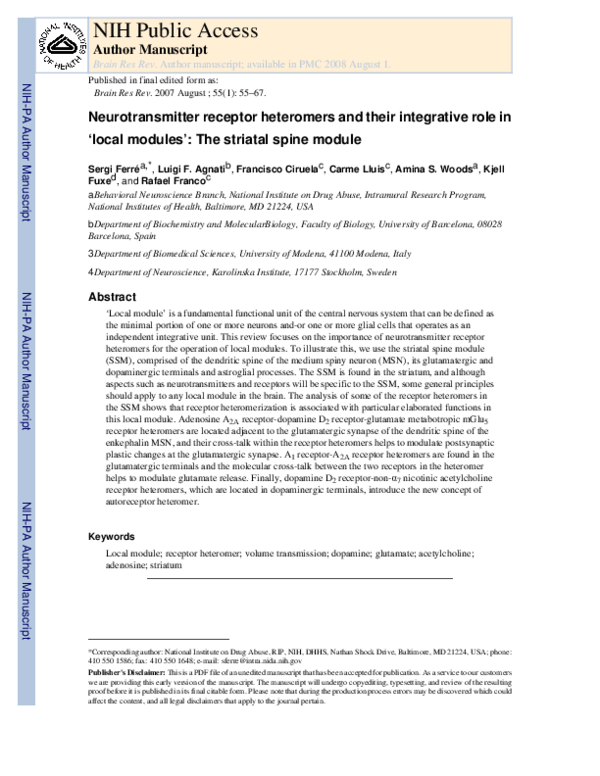 (PDF) Neurotransmitter receptor heteromers and their integrative role ...