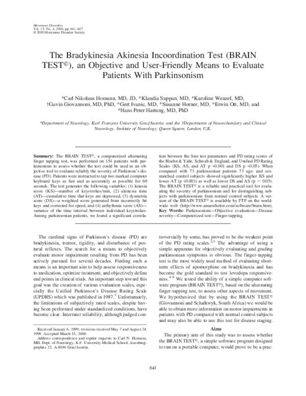 (PDF) The bradykinesia akinesia incoordination test (BRAIN TEST ), an ...