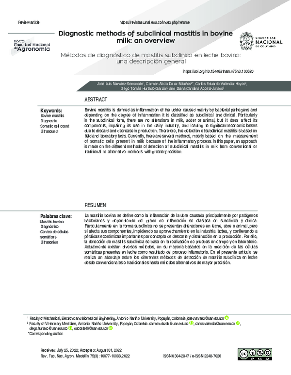 (PDF) Diagnostic methods of subclinical mastitis in bovine milk: an overview