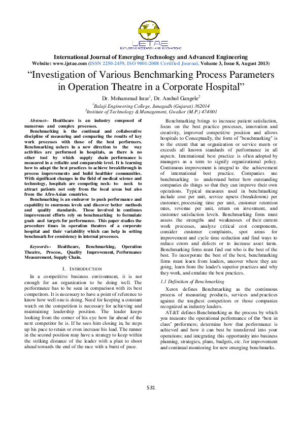 (PDF) Investigation of Various Benchmarking Process Parameters in ...