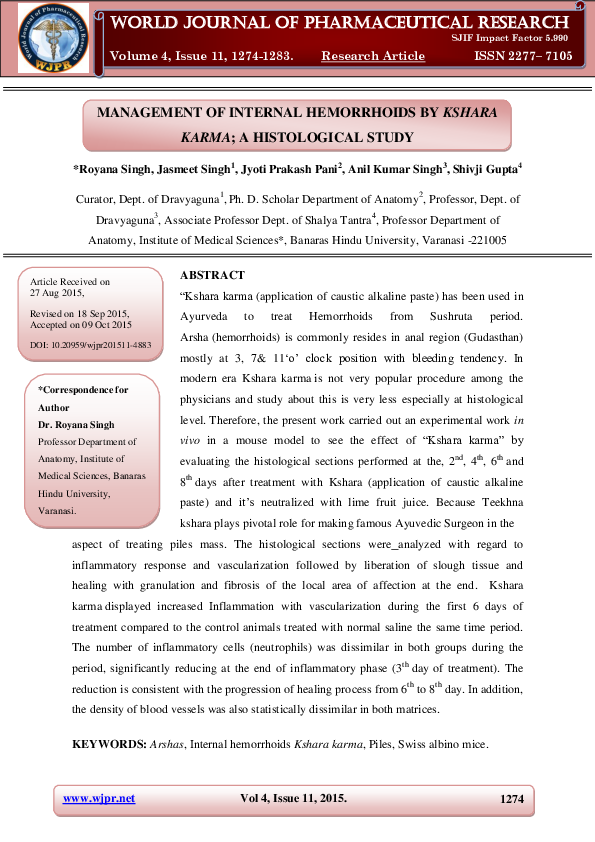 Pdf Management Of Internal Hemorrhoids By Kshara Karma A 9836