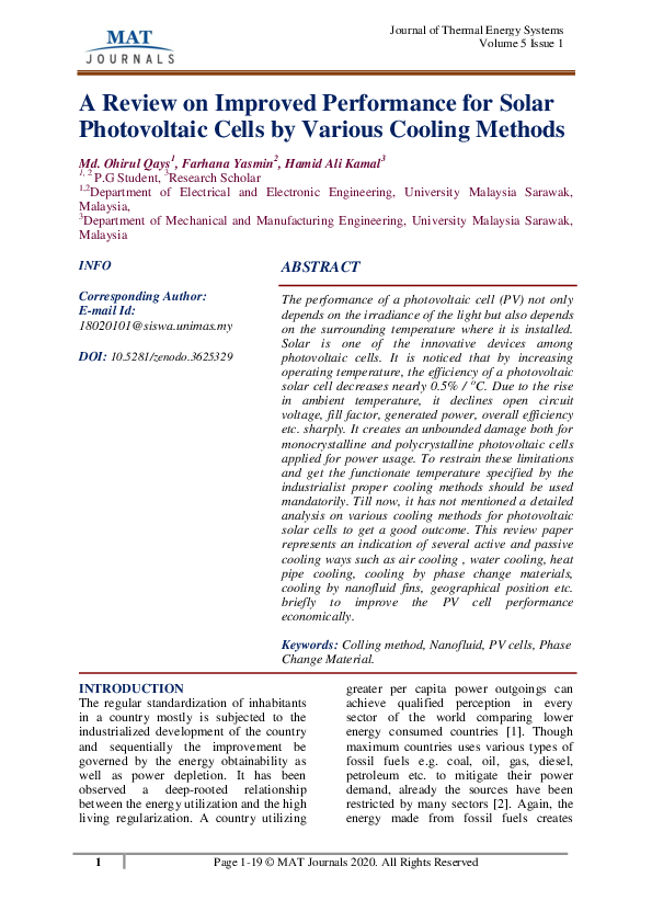 (PDF) A Review on Improved Performance for Solar Photovoltaic Cells by Various Cooling Methods