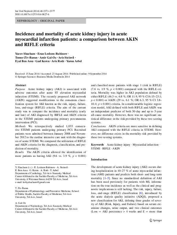 (PDF) Incidence and mortality of acute kidney injury in acute ...