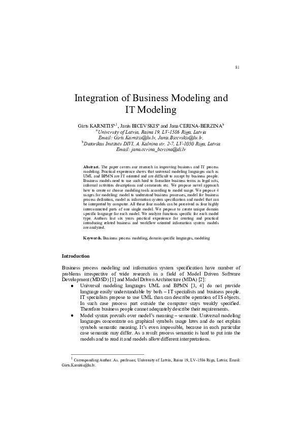 (PDF) Integration of Business Modeling and IT Modeling