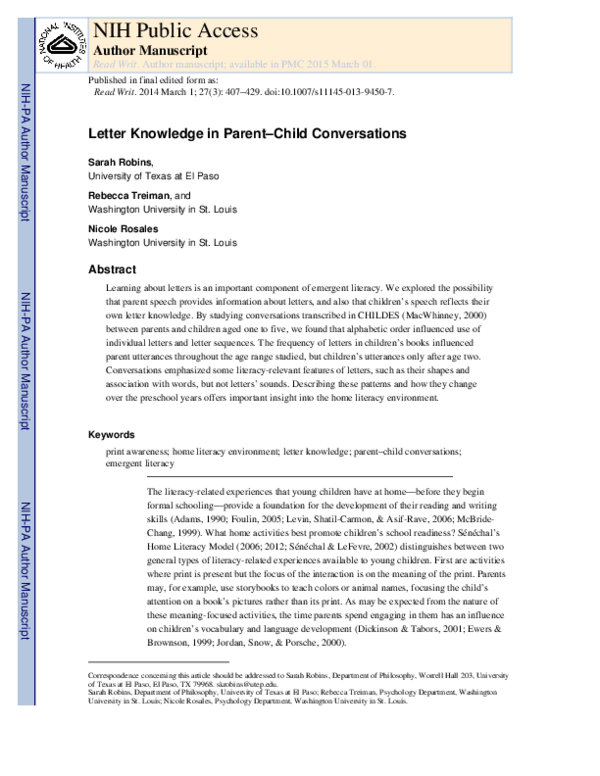 (PDF) Letter knowledge in parent–child conversations
