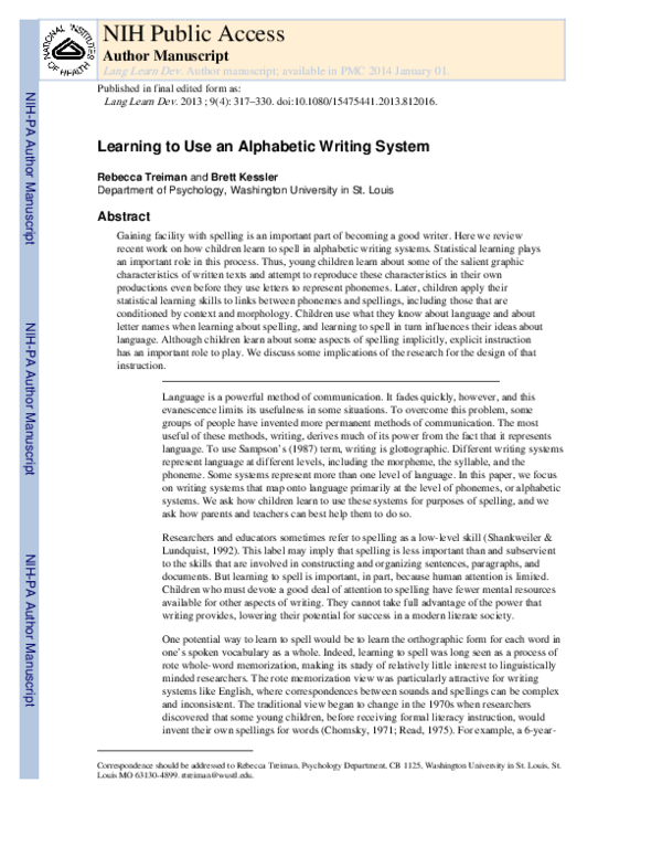 (PDF) Learning to Use an Alphabetic Writing System