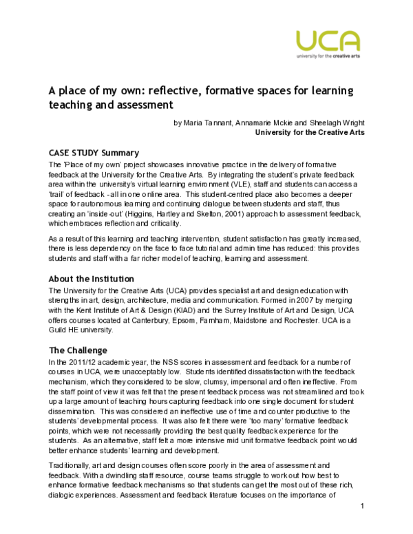(PDF) A place of my own: reflective, formative spaces for learning teaching and assessment
