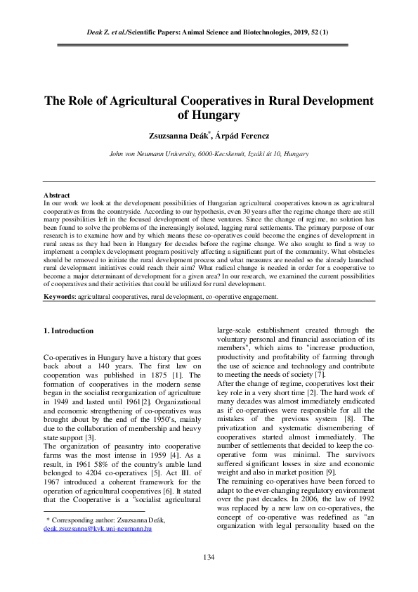 (PDF) The role of agricultural cooperatives in rural development of Hungary