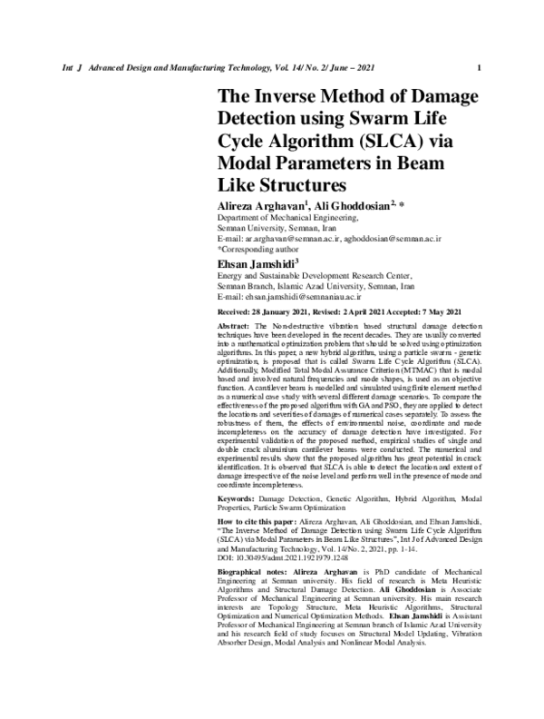 (PDF) The Inverse Method of Damage Detection using Swarm Life Cycle Algorithm (SLCA) via Modal ...