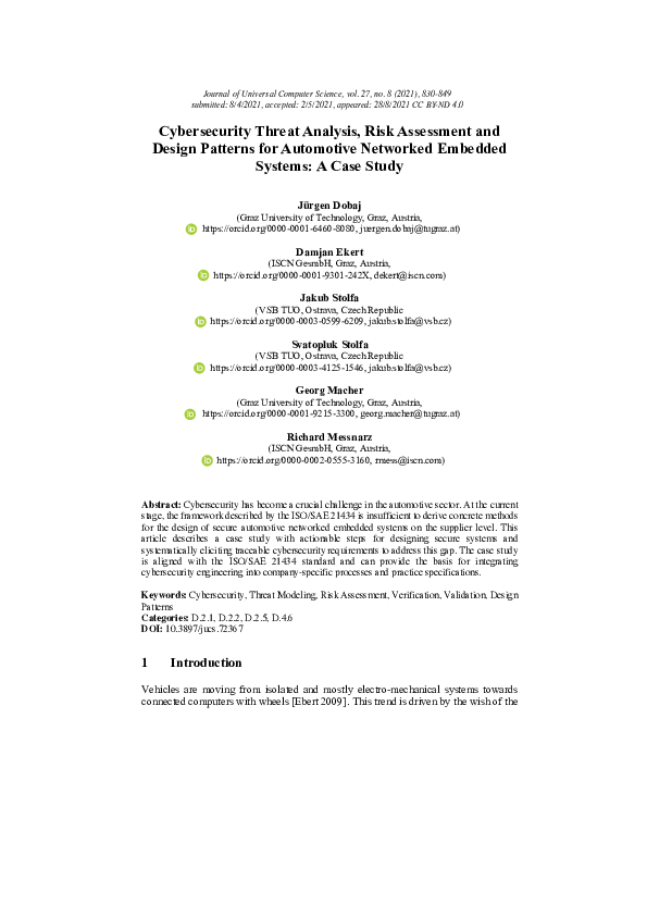 Pdf Cybersecurity Threat Analysis Risk Assessment And Design Patterns For Automotive