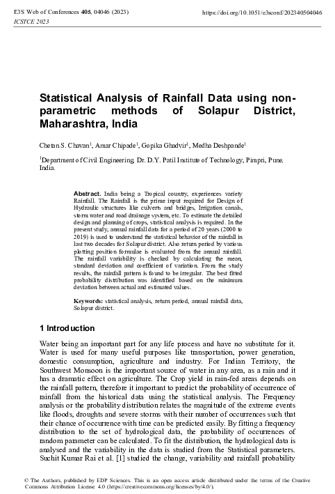 (PDF) Statistical Analysis of Rainfall Data using non-parametric methods of Solapur District ...