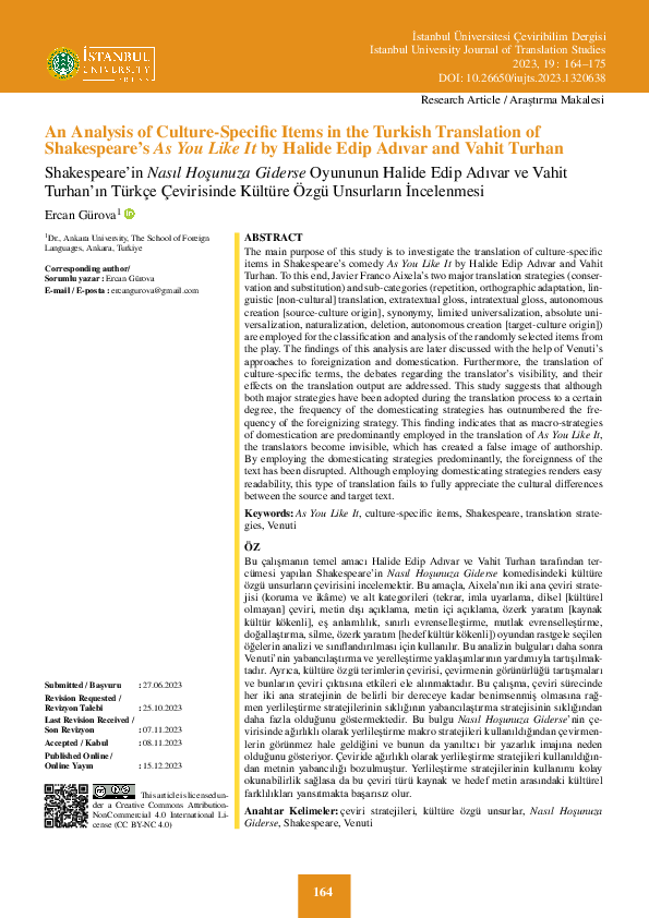 (PDF) An Analysis of Culture-Specific Items in the Turkish Translation of