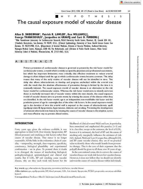(PDF) The causal exposure model of vascular disease | Allan Sniderman ...