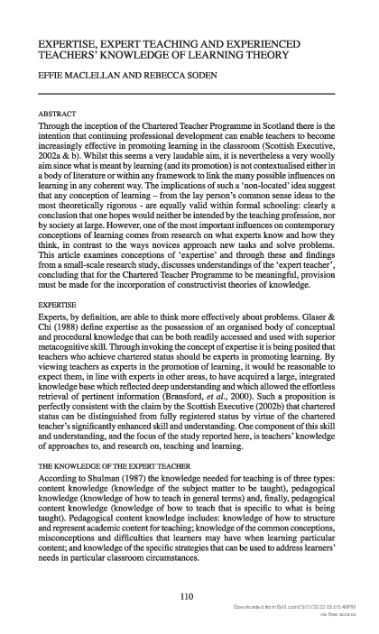 (PDF) Expertise, Expert Teaching and Experienced Teachers’ Knowledge of ...