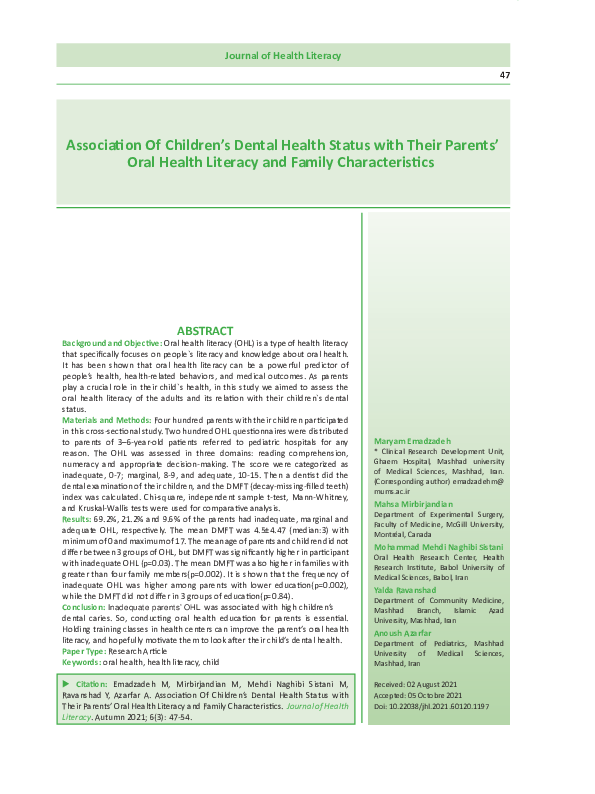(PDF) Association Of Children’s Dental Health Status with Their Parents ...
