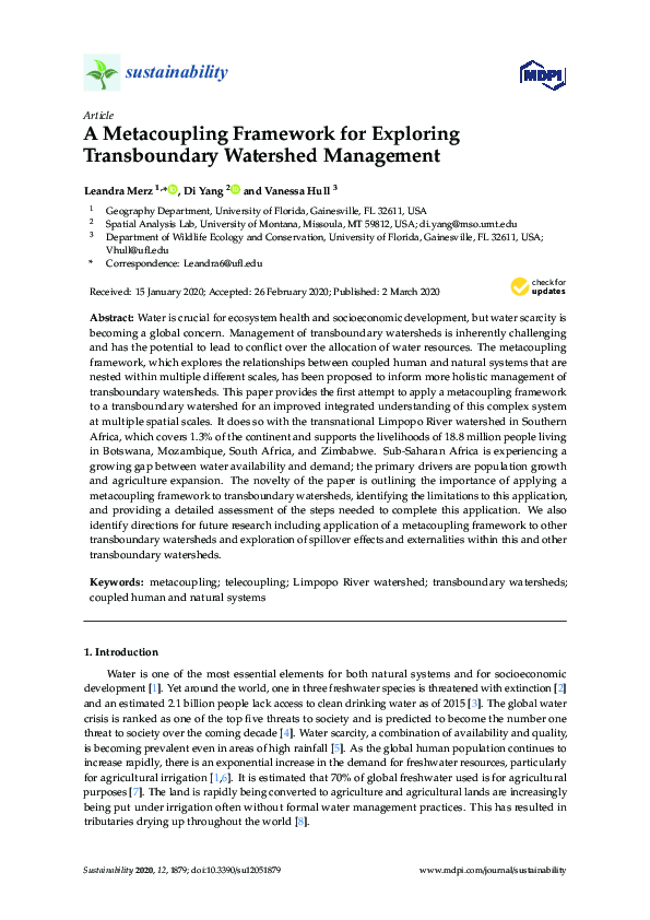 Pdf A Metacoupling Framework For Exploring Transboundary Watershed Management