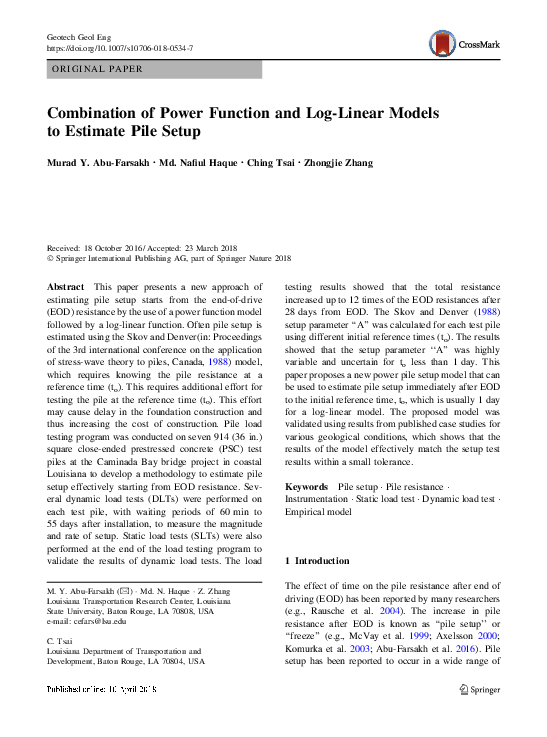 (PDF) Combination of Power Function and Log-Linear Models to Estimate Pile Setup
