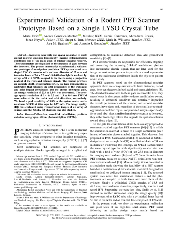 (PDF) Experimental Validation of a Rodent PET Scanner Prototype Based ...
