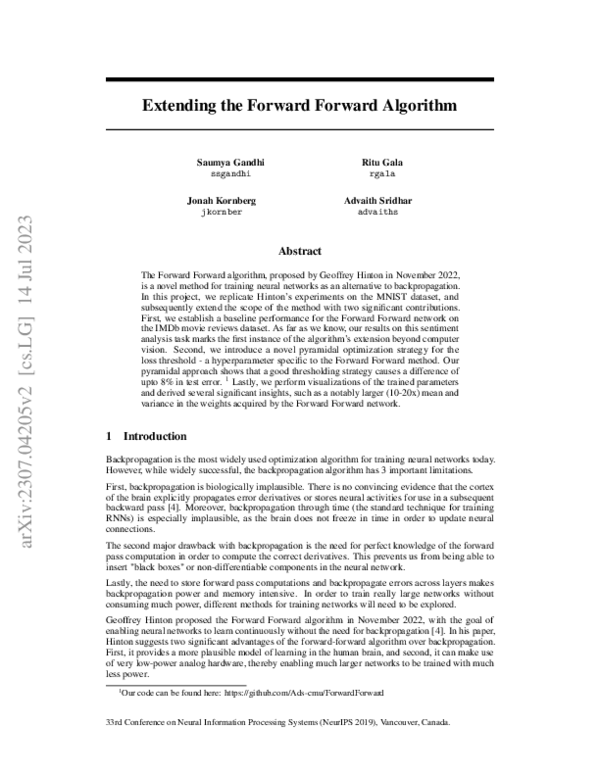 (PDF) Extending the Forward Forward Algorithm (PDF) Extending the Forward Forward Algorithm