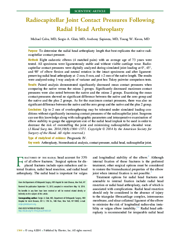 (PDF) Radiocapitellar Joint Contact Pressures Following Radial Head ...