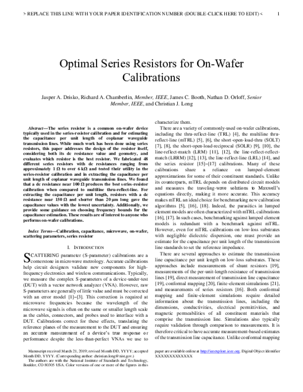 Pdf Optimal Series Resistors For On Wafer Calibrations Richard Chamberlin