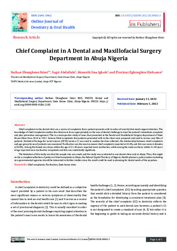 (PDF) Chief Complaint in A Dental and Maxillofacial Surgery Department ...